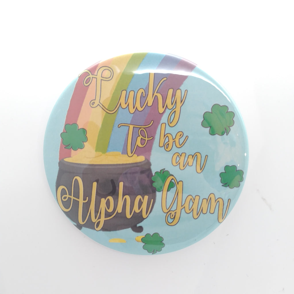 Lucky To Be An Alpha Gam Button – Brown Bag Etc